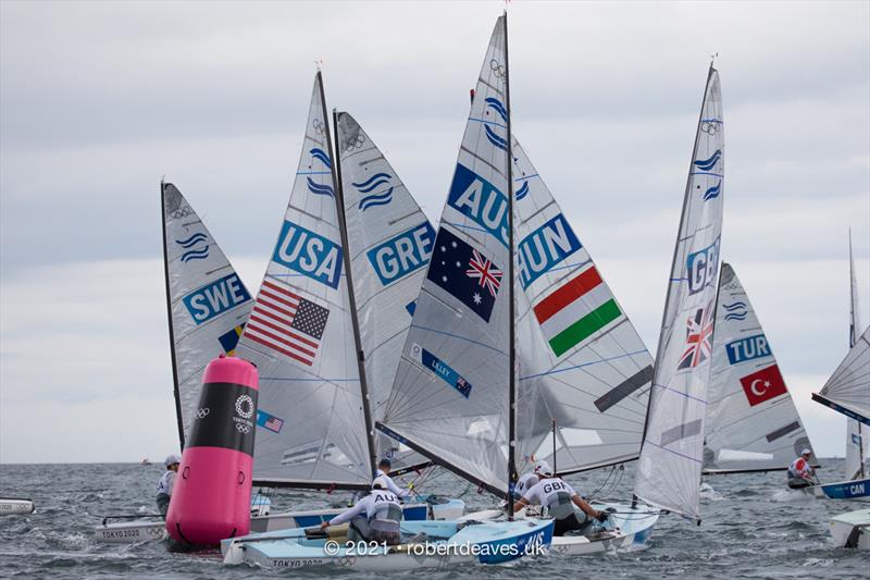 Race 1 on the first day of Finn class racing at the Tokyo 2020 Olympic ...