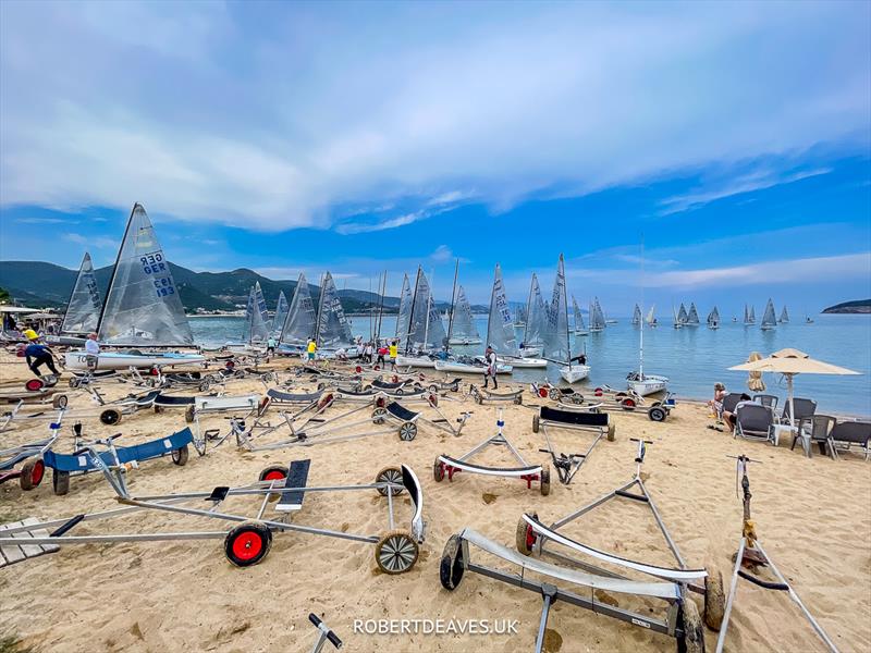 Arrival back at the beach on Day 3 of the 2023 Finn World Masters in Greece