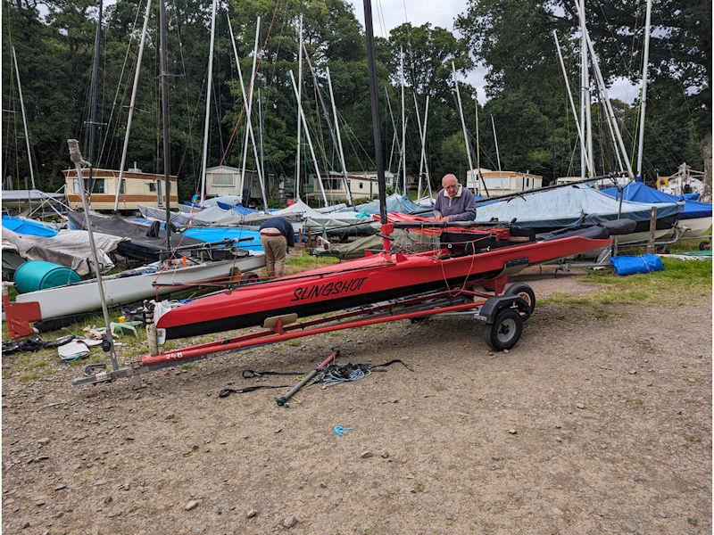 Fleet rigging during the International Canoe Nationals at Loch Lomond