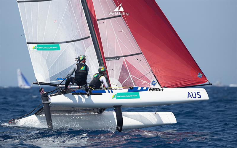 Darren Bundock and Lisa Darmanin on the Nacra 17 in Marseille
