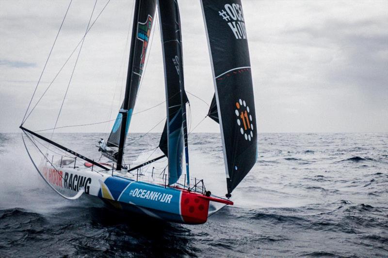 The Ocean Race 2022-23, Leg 3 onboard 11th Hour Racing Team. Malama sailing downwind in a small ...