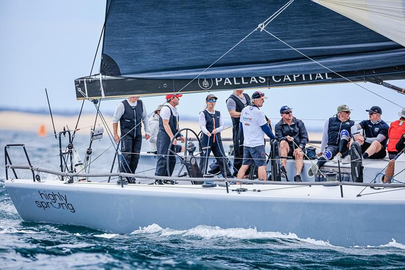 Highly Sprung crew focus on their downwind trim on day 2 of 2023 Pallas Capital TP52 Gold Cup Act 2